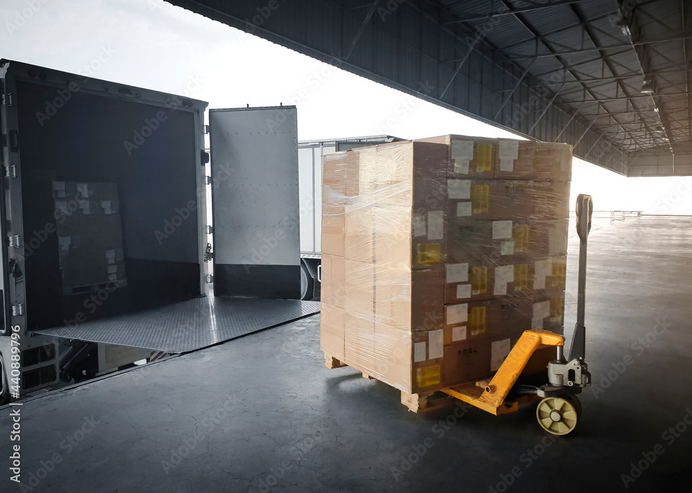 Package Boxes with Hand Pallet Truck Load into Cargo Container. Truck ...