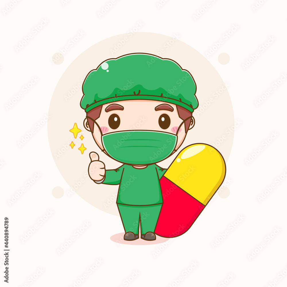 Cartoon illustration of cute doctor holding capsule pill. Chibi ...