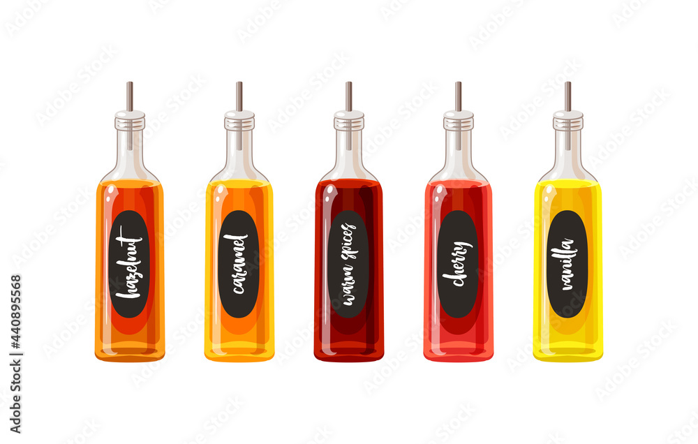 Natural flavored syrup bottles set for coffee drinks and cocktails ...