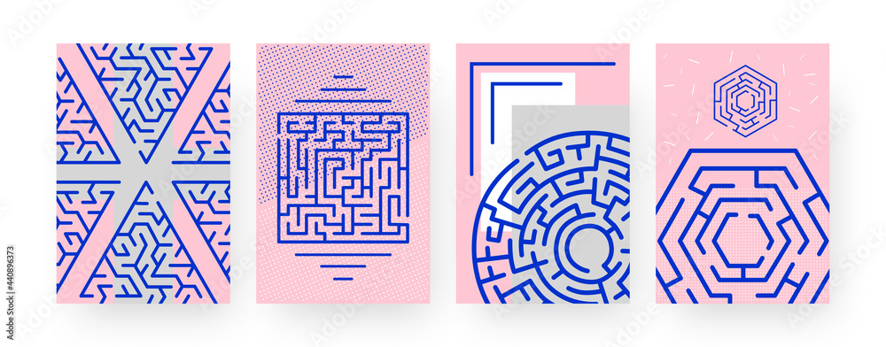 Set of contemporary art posters with maze games. Square, round, hexagon ...