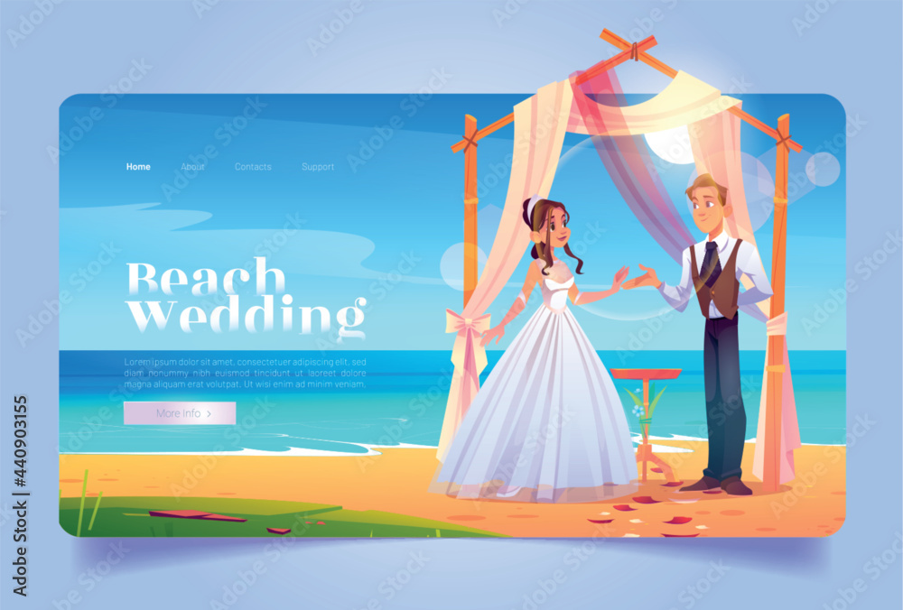 Beach wedding cartoon landing page, bride and groom get married under ...