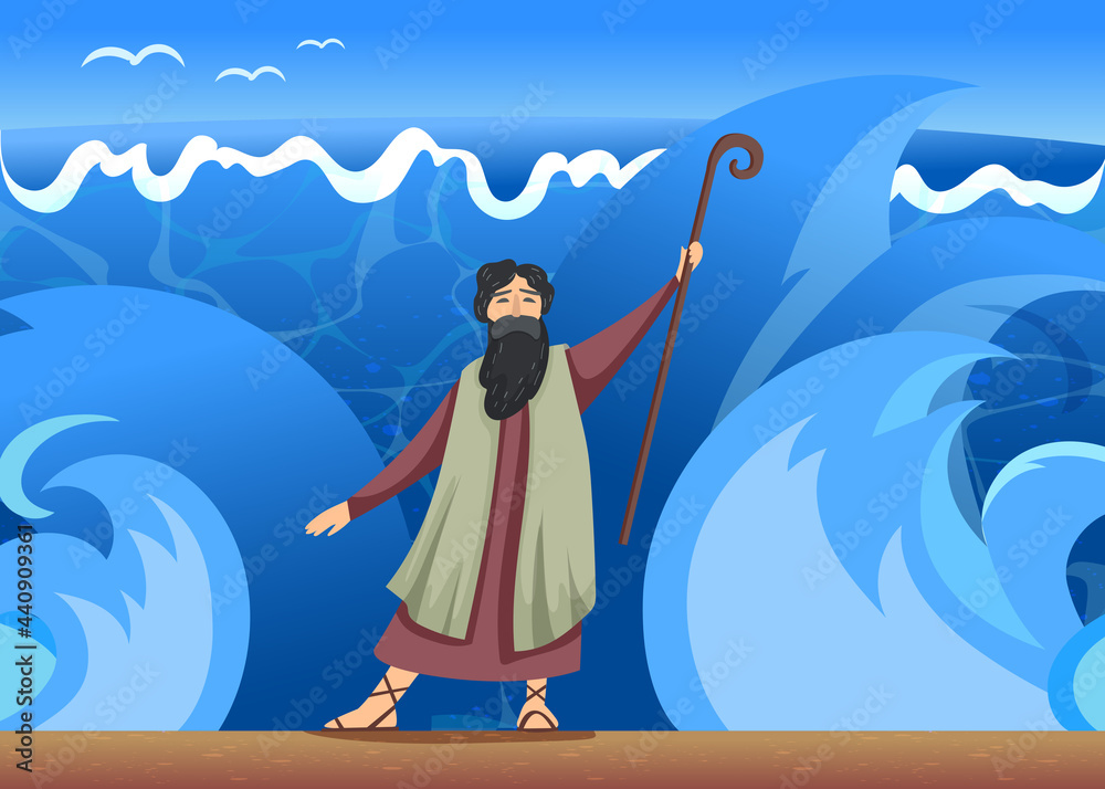 Man with cane standing in front of waves of raging ocean. Cartoon ...