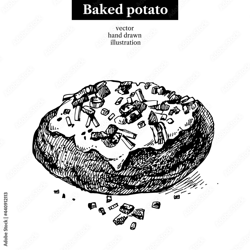 Hand drawn sketch backed potato. Vector isolated illustration. Menu ...
