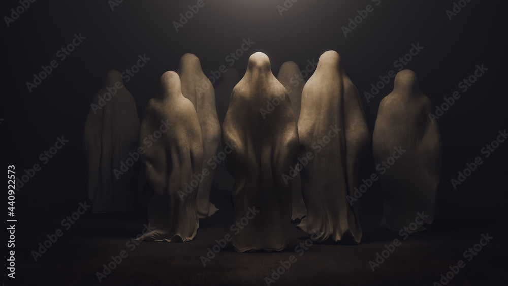 3D Rendering, illustration of several ghostly figures in a dark ...
