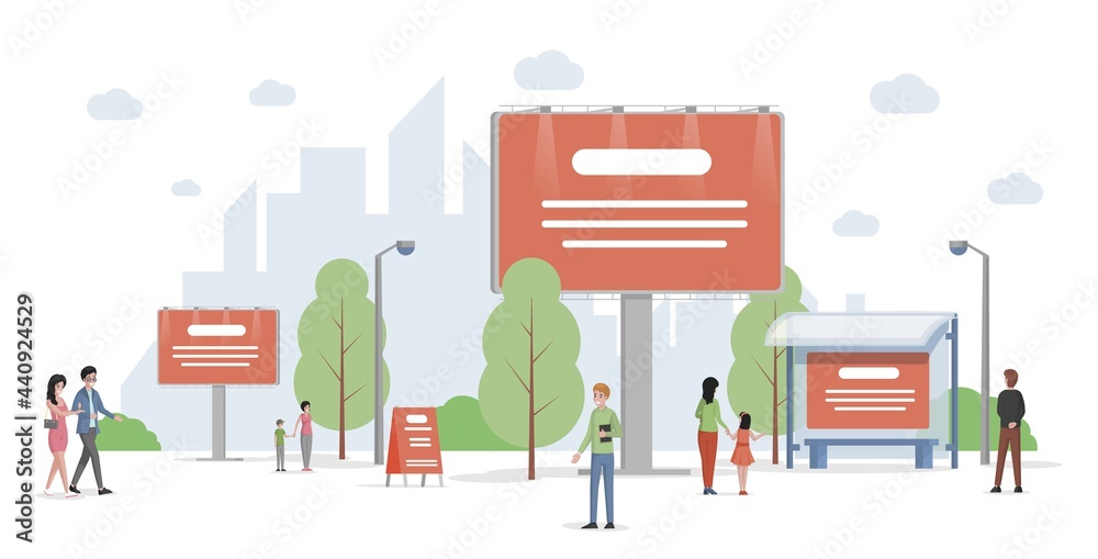 City advertising vector flat illustration. Urban cityscape with ...