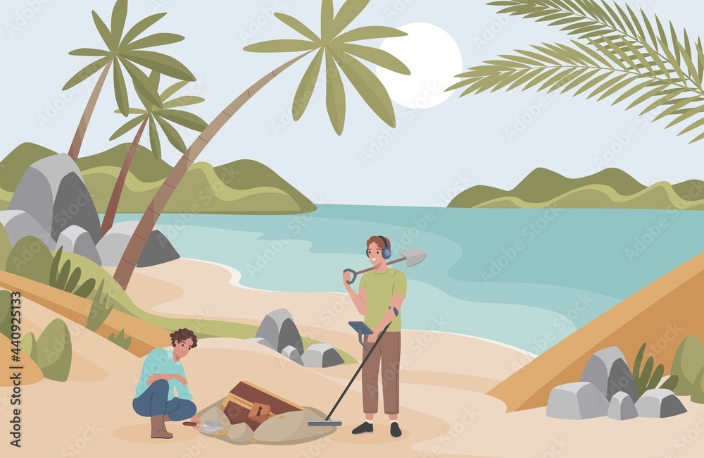 Archeologists finding treasure on sandy beach vector flat illustration ...