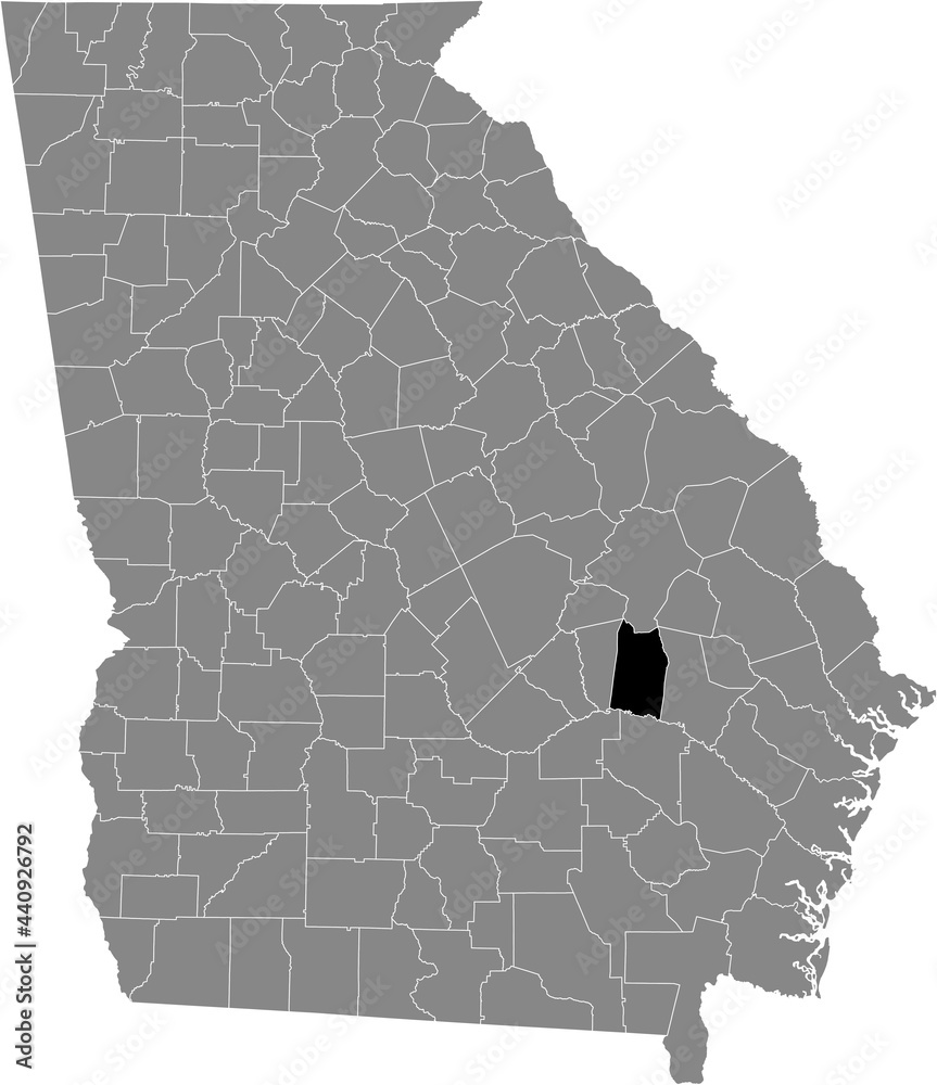 Black highlighted location map of the US Toombs county inside gray map ...