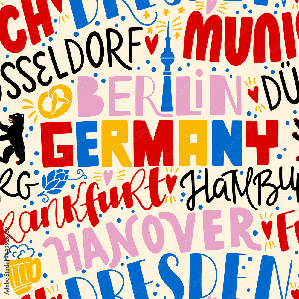 Around the World. GERMANY vector lettering seamless pattern. Country ...