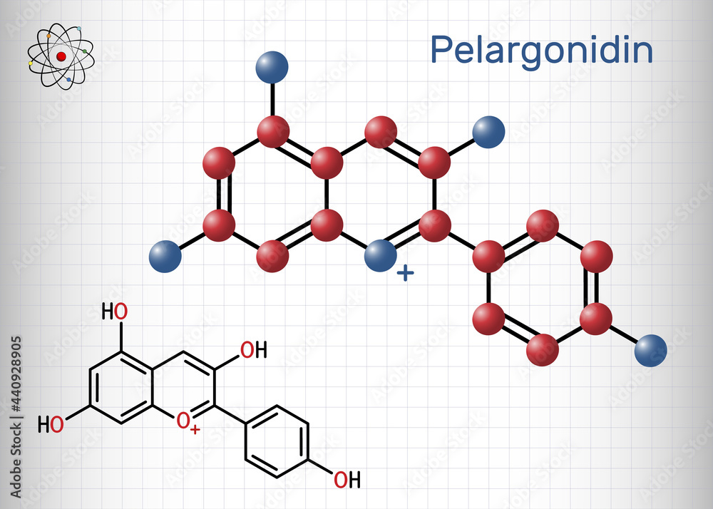 Pelargonidin molecule. It is anthocyanidin cation, plant pigment ...