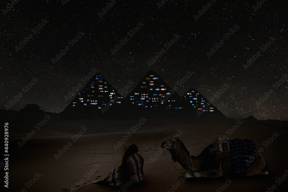 Futuristic and dystopian view of the great pyramid in Egypt. Conceptual ...