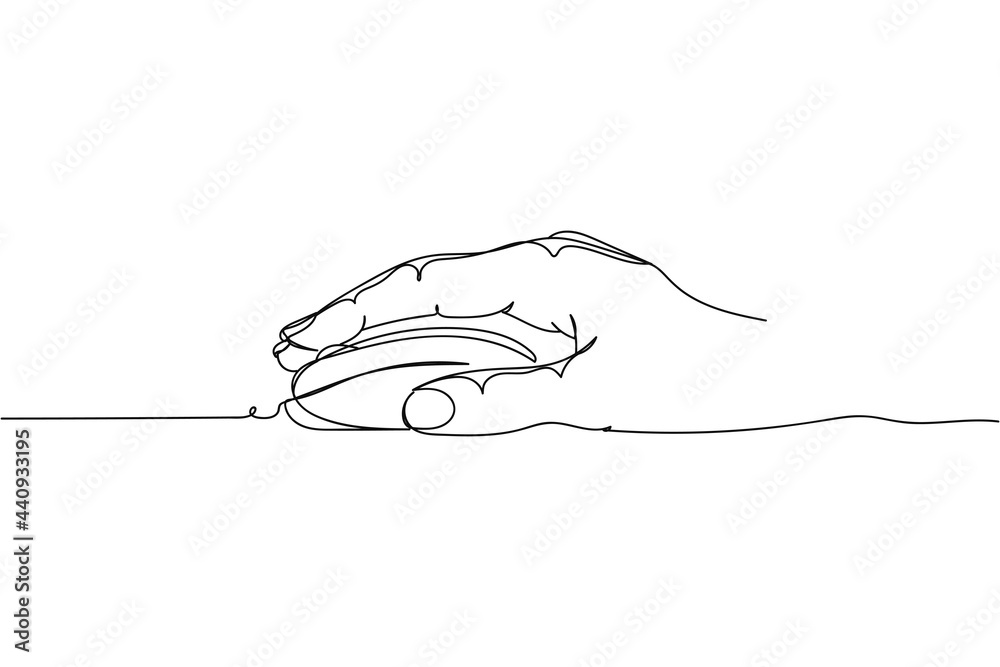Continuous one line of hand holding pc mouse in silhouette on a white ...