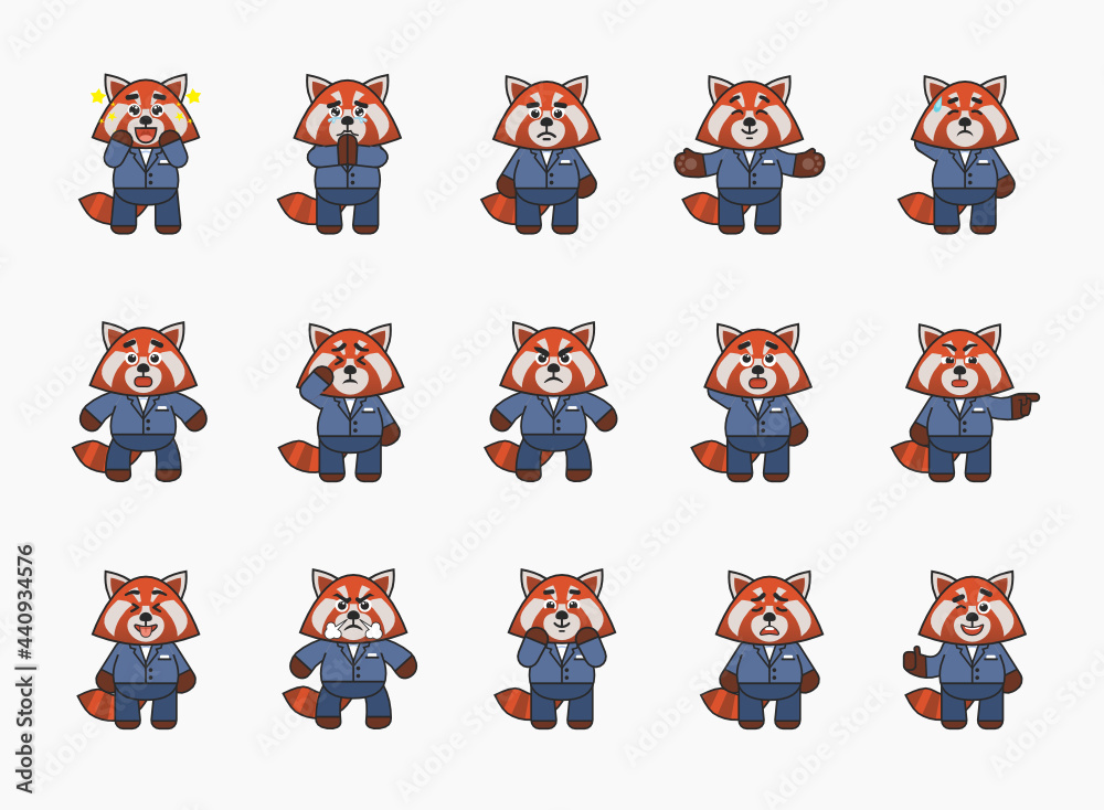 Set of red panda mascots in business suit showing various emotions ...