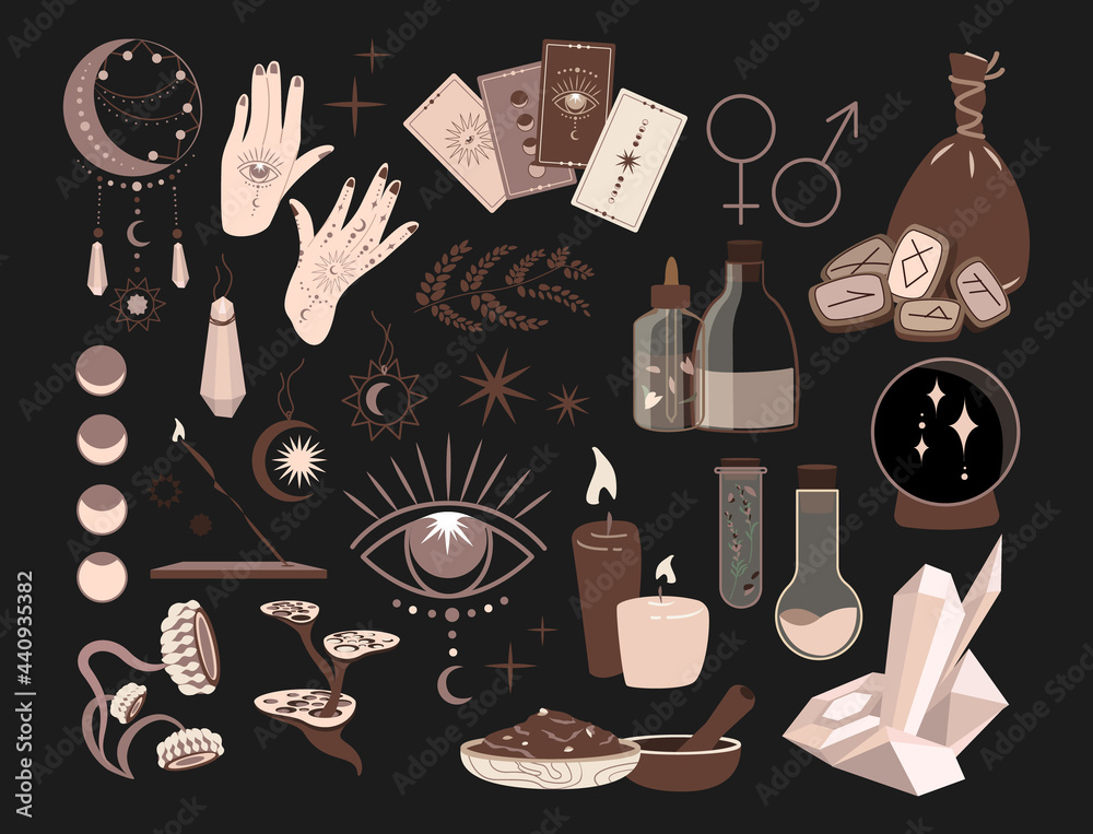 Witch magic symbols collection set.Esoteric,boho mystical elements,magic witchcraft crystal,eye ...