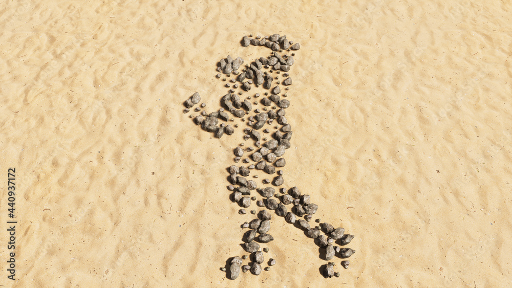 Concept conceptual stones on beach sand handmade symbol shape, golden ...