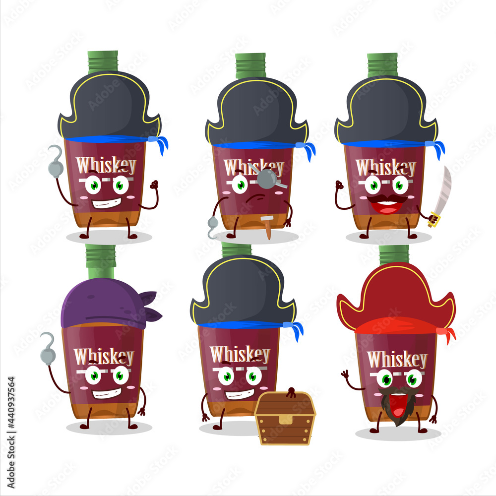 Cartoon character of whiskey bottle with various pirates emoticons ...