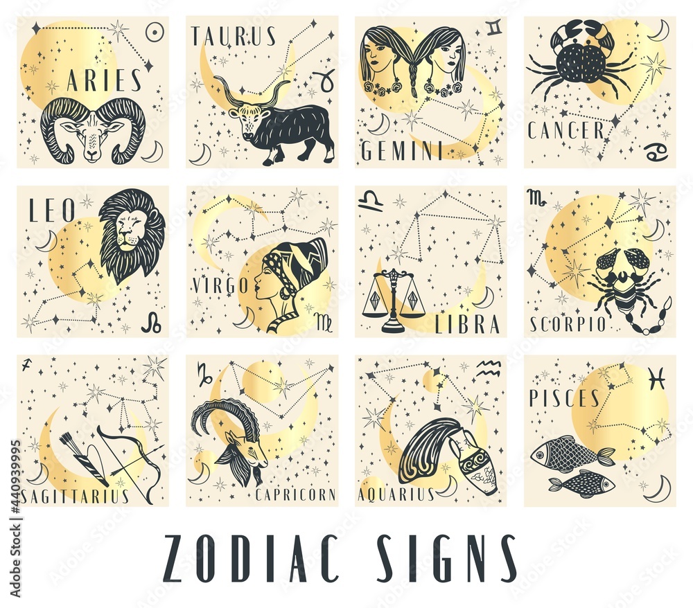 Set of Zodiac signs icons in boho style. trendy vector illustrations ...