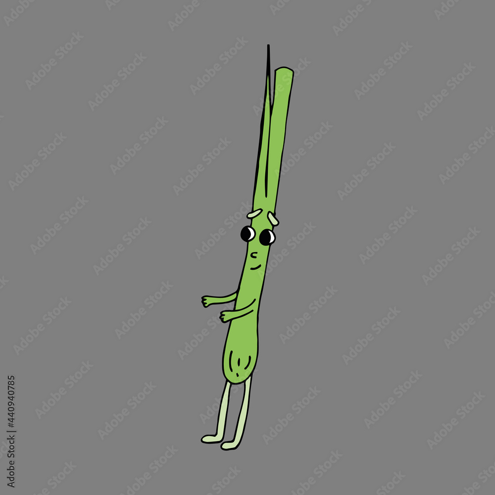 Funny cartoon character green chives. Vegetables and fruits. Vector ...