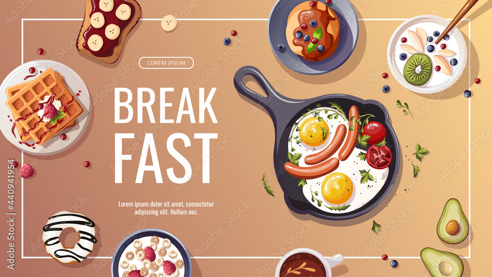 Promo banner for breakfast menu, healthy eating, nutrition, cooking ...