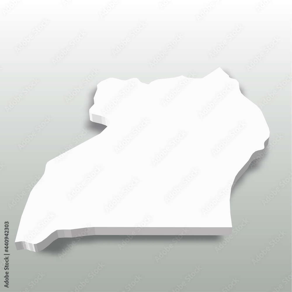Uganda - white 3D silhouette map of country area with dropped shadow on ...