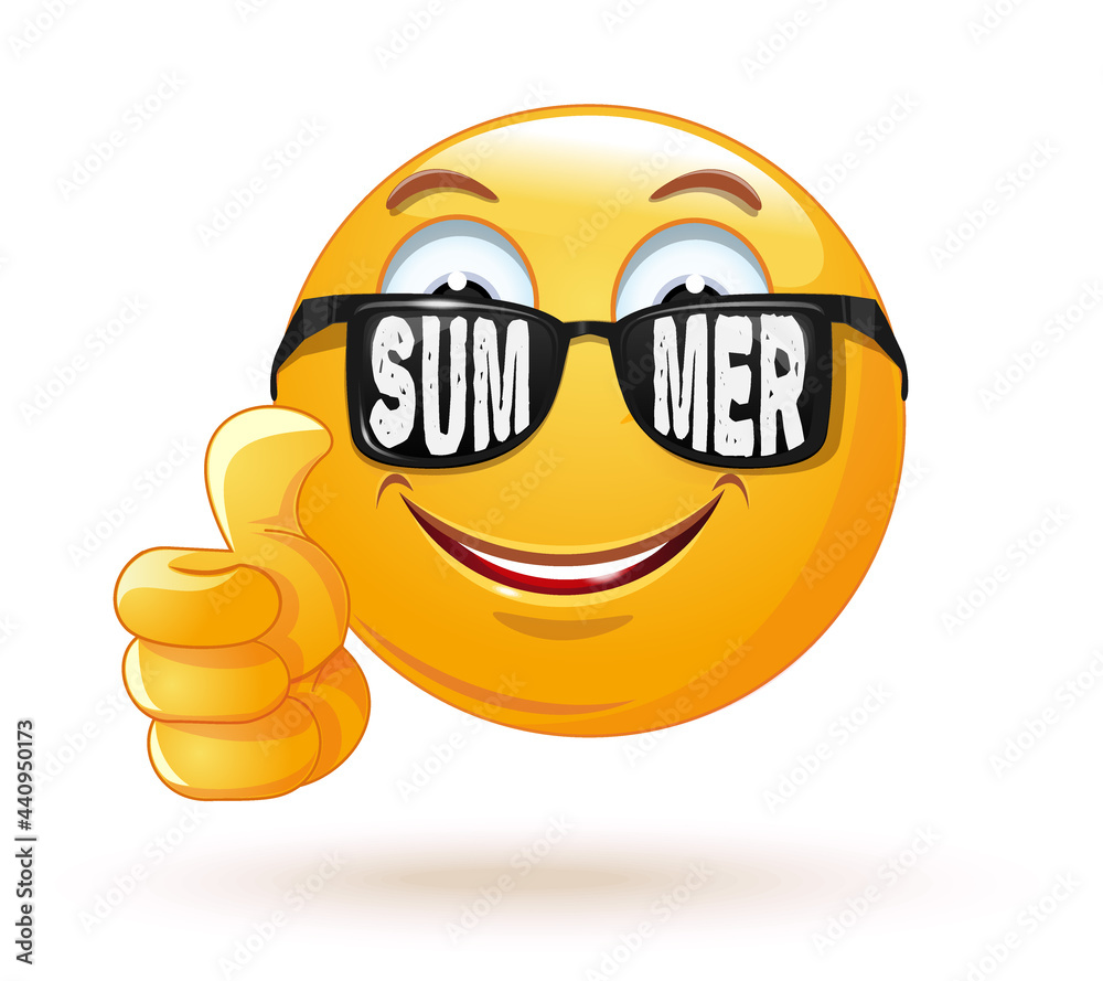 Happy smiling emoji in sunglasses. Sunglasses with the inscription ...