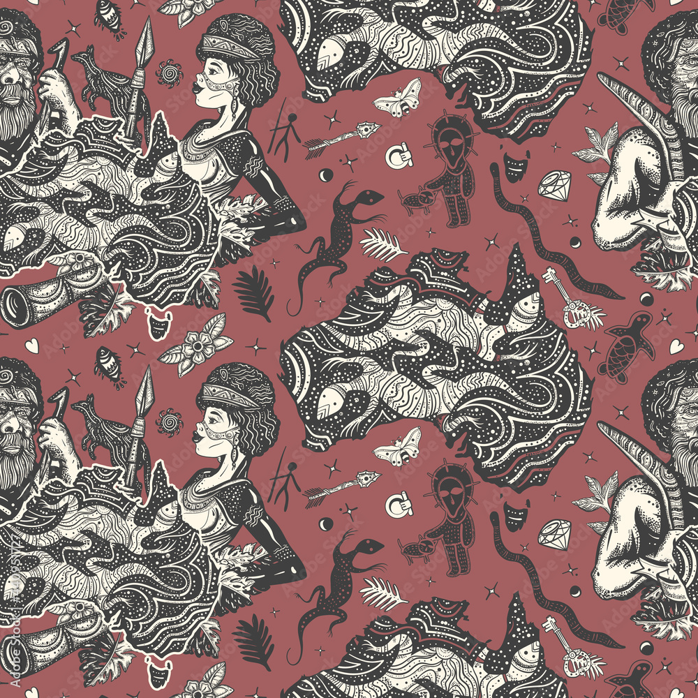 Australia pattern. Boomerang, rock painting, kangaroo, didgeridoo, map ...