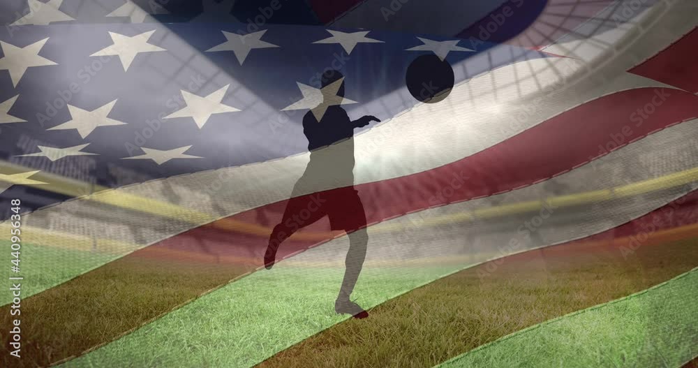 Waving us flag over silhouettes of male soccer player in different ...