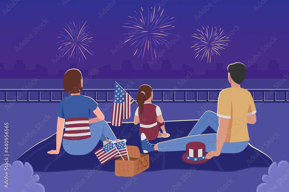 Family watching fireworks for 4th of july flat color vector ...
