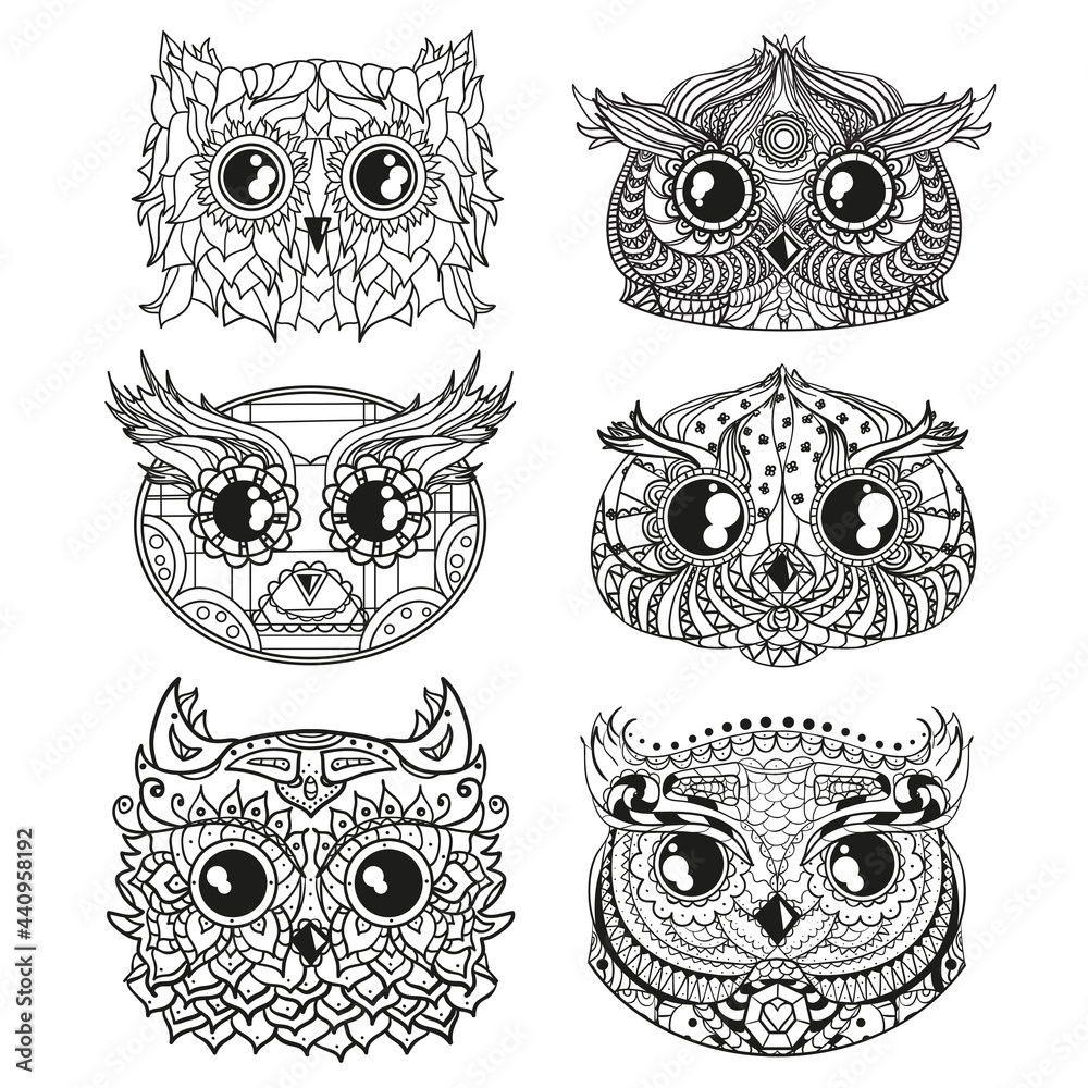 Owls. Heads. Design Zentangle. Hand drawn owl with abstract patterns on ...