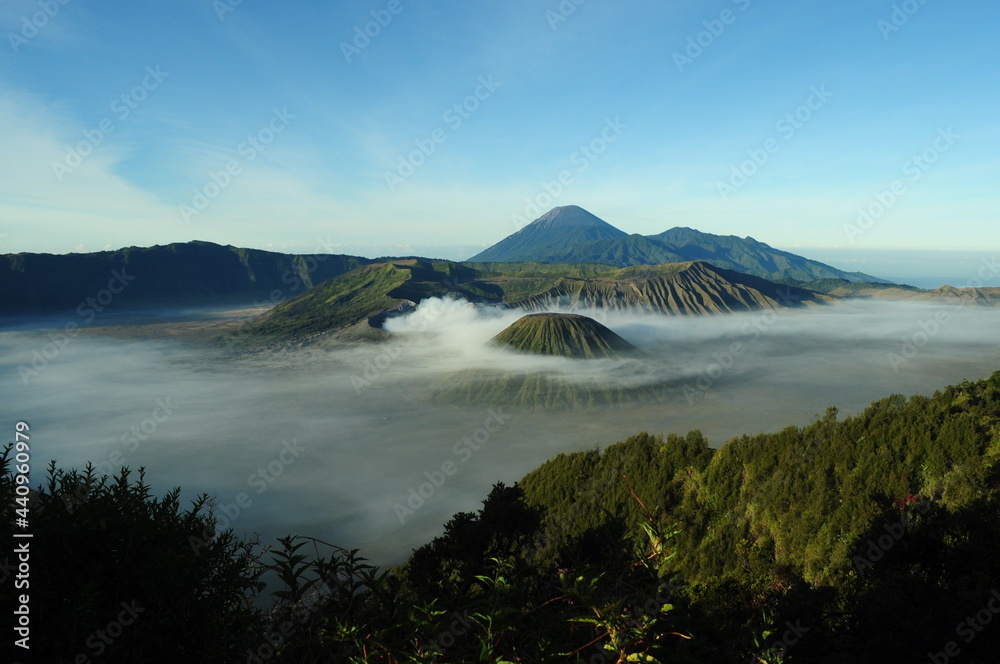 Mount Bromo in the morning with a beautiful sky. Mount Bromo is a very ...