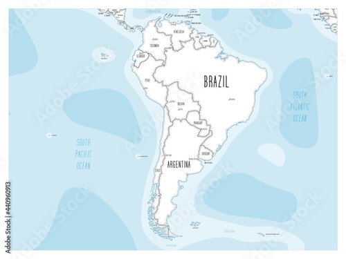 Political map of South America. Black outline hand-drawn cartoon style ...