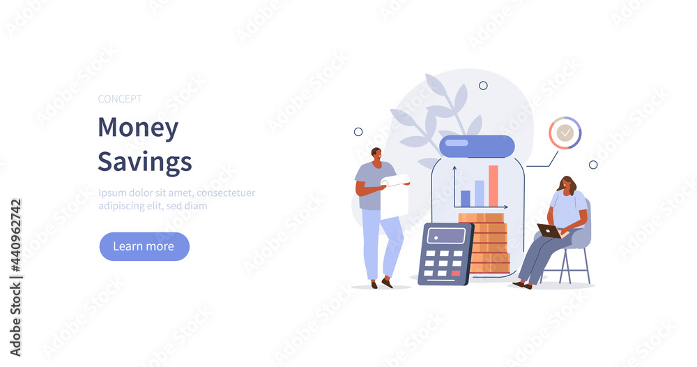 People characters calculating and collecting coins in savings jar ...