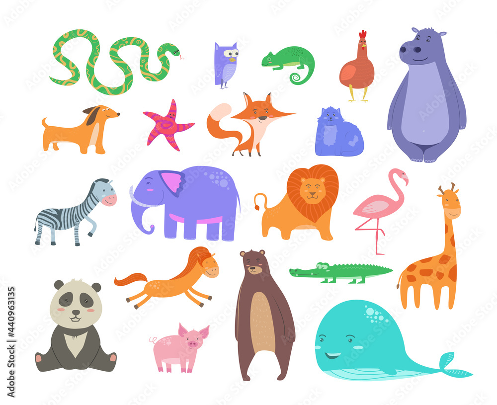 Set of Cute cartoon wild and farm domestic animals and birds isolated ...
