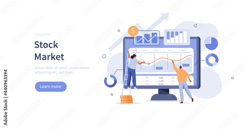 Characters analyzing stock market data. People examining financial ...