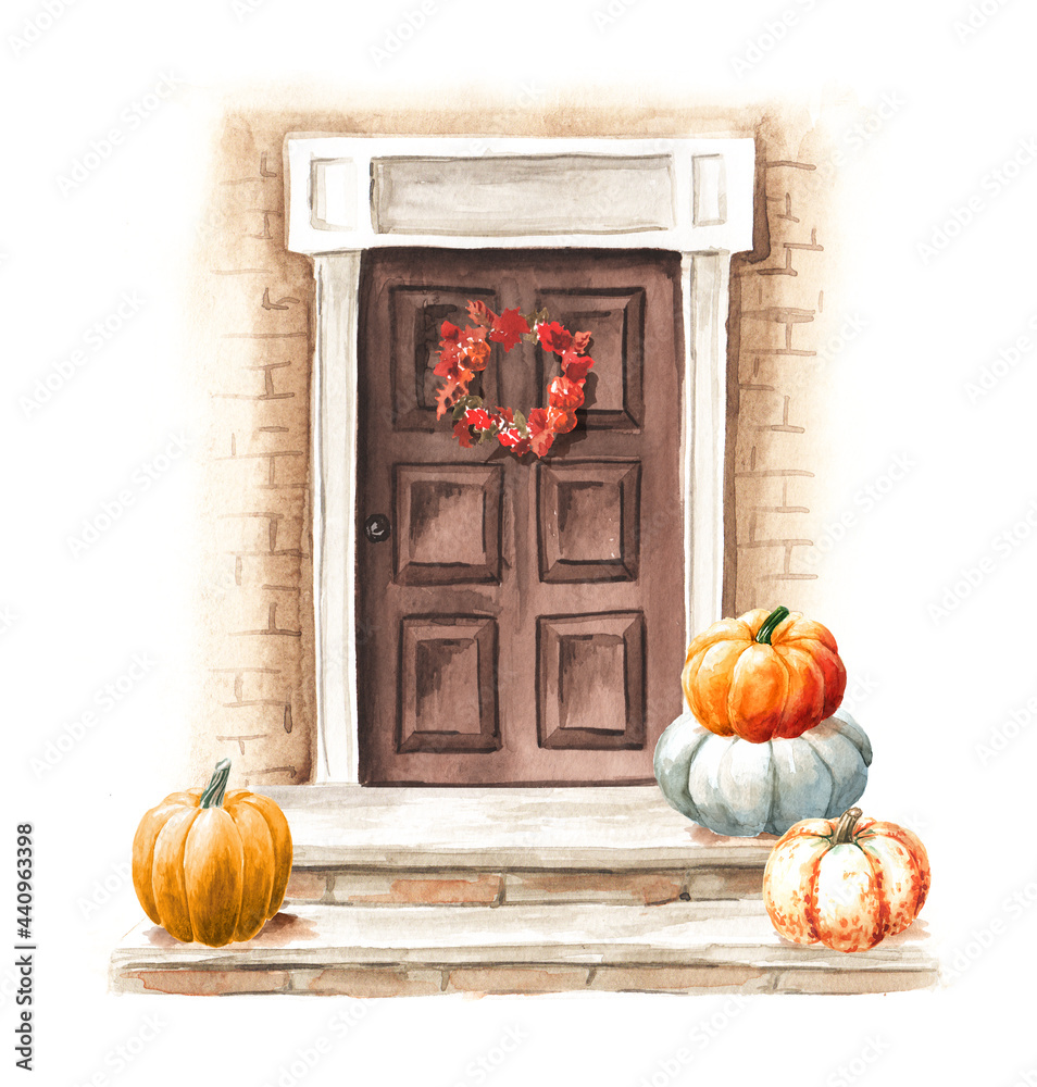 Classic front door with porch and stairs, decorated with fall flowers ...