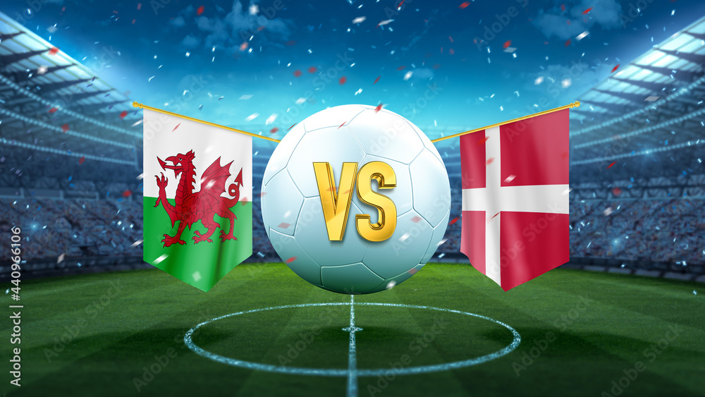 Wales vs Denmark. Soccer concept. White soccer ball with the flag in ...