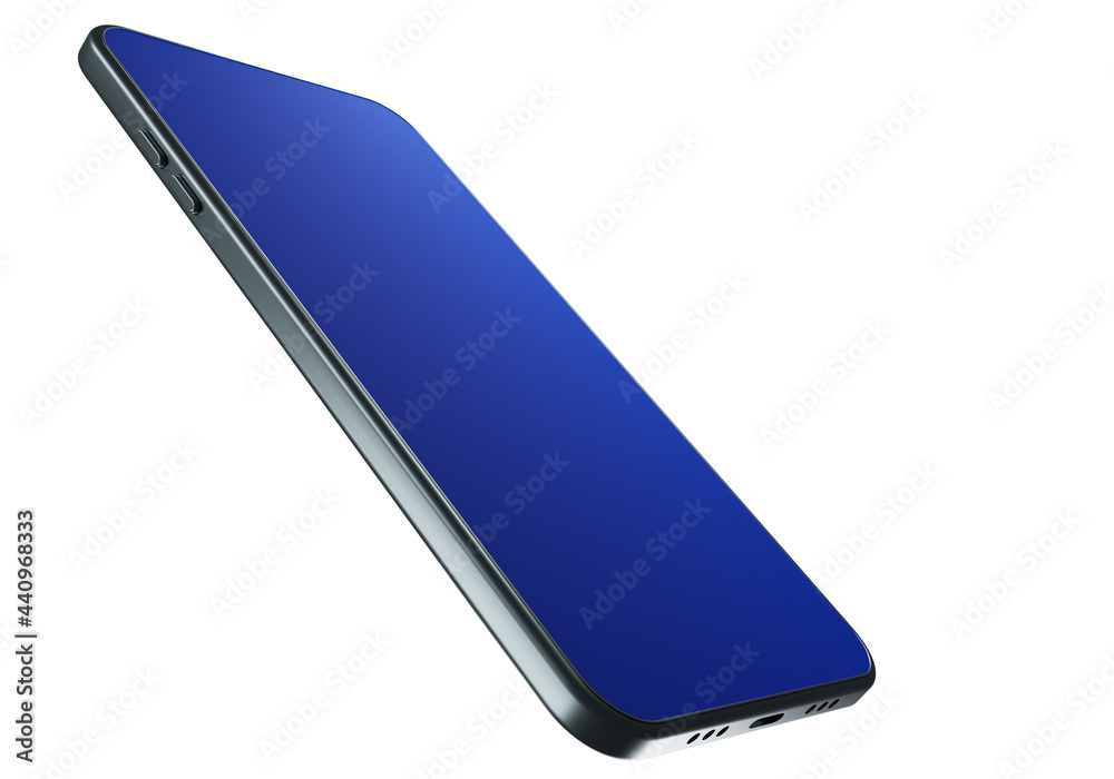 Realistic smartphone model. Phone with blue screen on white background ...