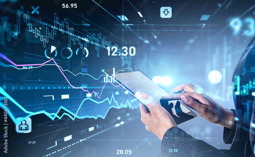Various financial charts showing increase of price in stock market ...