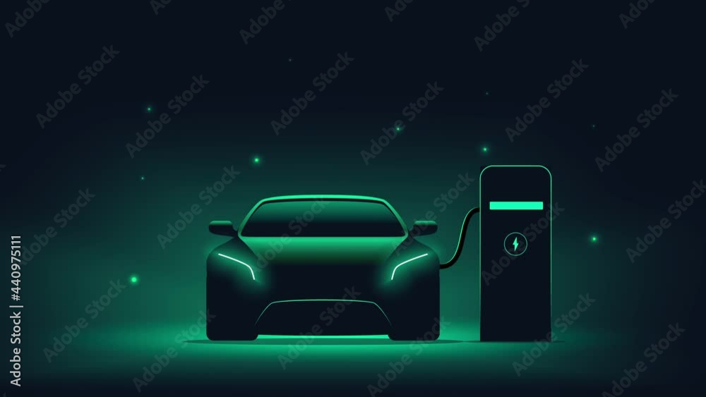Front view electric car charging at charging station with green glowing ...