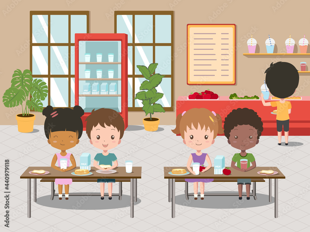 Children eat in school canteen. Vector cartoon illustration of ...