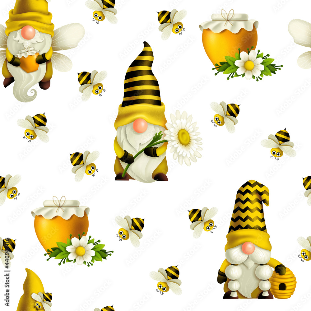 Seamless pattern of gnomes and bees, gnome summer, flying gnome bee ...