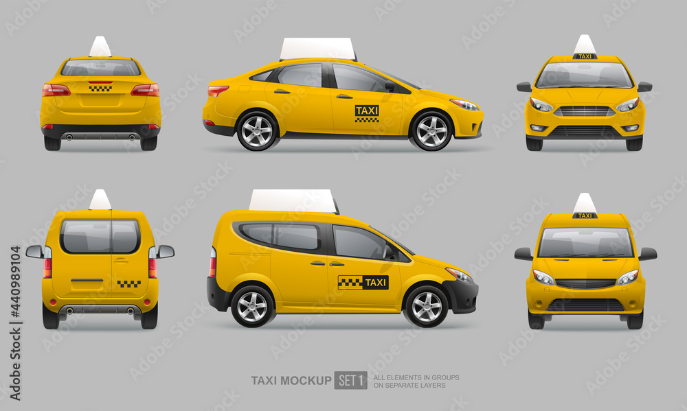 Set of Yellow taxi service car realistic vector template for mockup ...