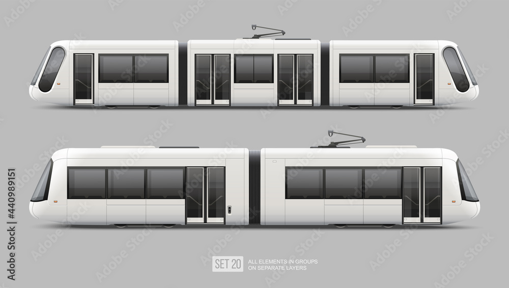 Set of passenger Tram Train, Streetcar - vector mockup template. White ...
