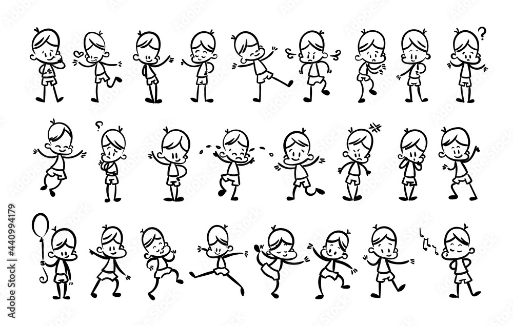 Collection of happy cartoon kids, lined hand drawn doodle outline style ...