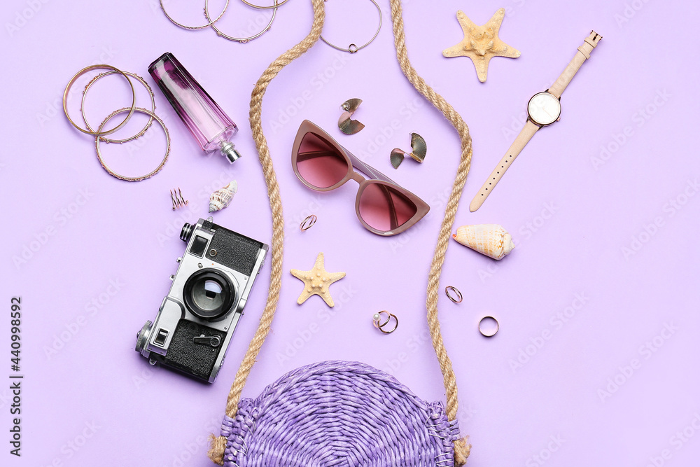 Set of female accessories on color background Stock Photo | Adobe Stock
