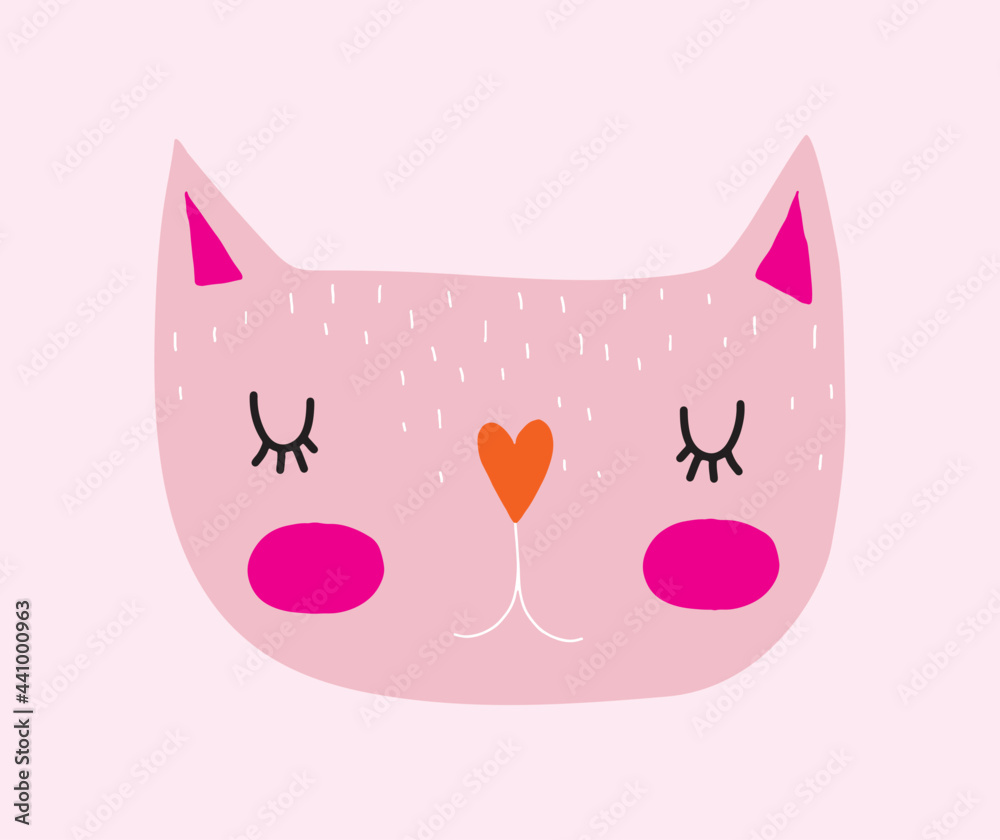 Cute Nursery Vector Art with Lovely Pink Kitty isolated on a Light Pink ...