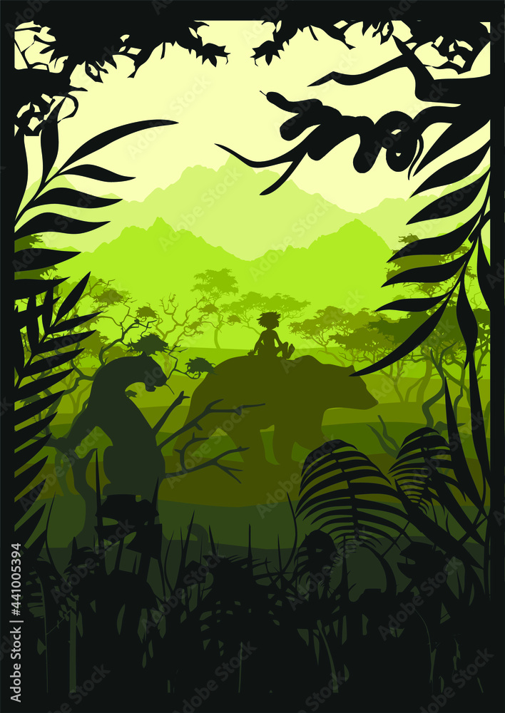 Vector illustration of paper art. Poster about Mowgli in the jungle ...