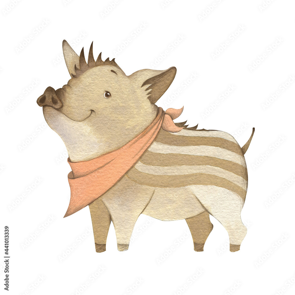 perky watercolor striped pig. clipart, postcard, a poster for a ...