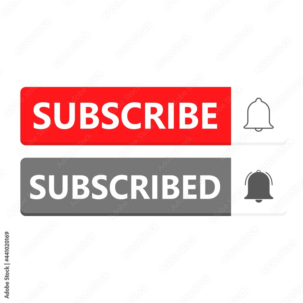 Red ang grey subscription button with notification bell. Subscribe to channel button on white ...
