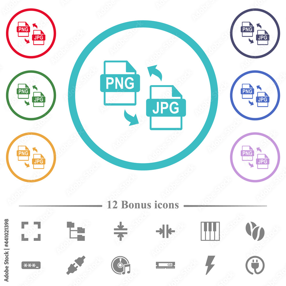 PNG JPG file conversion flat color icons in circle shape outlines Stock ...