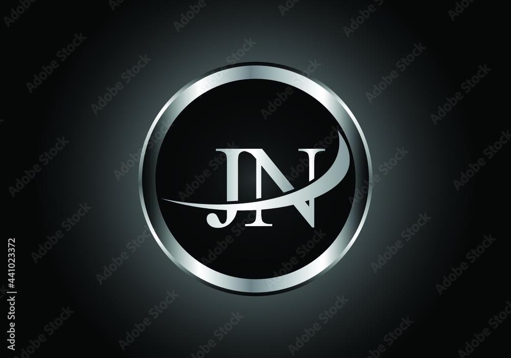 silver letter JN metal combination alphabet logo icon design with grey color on Black and white ...